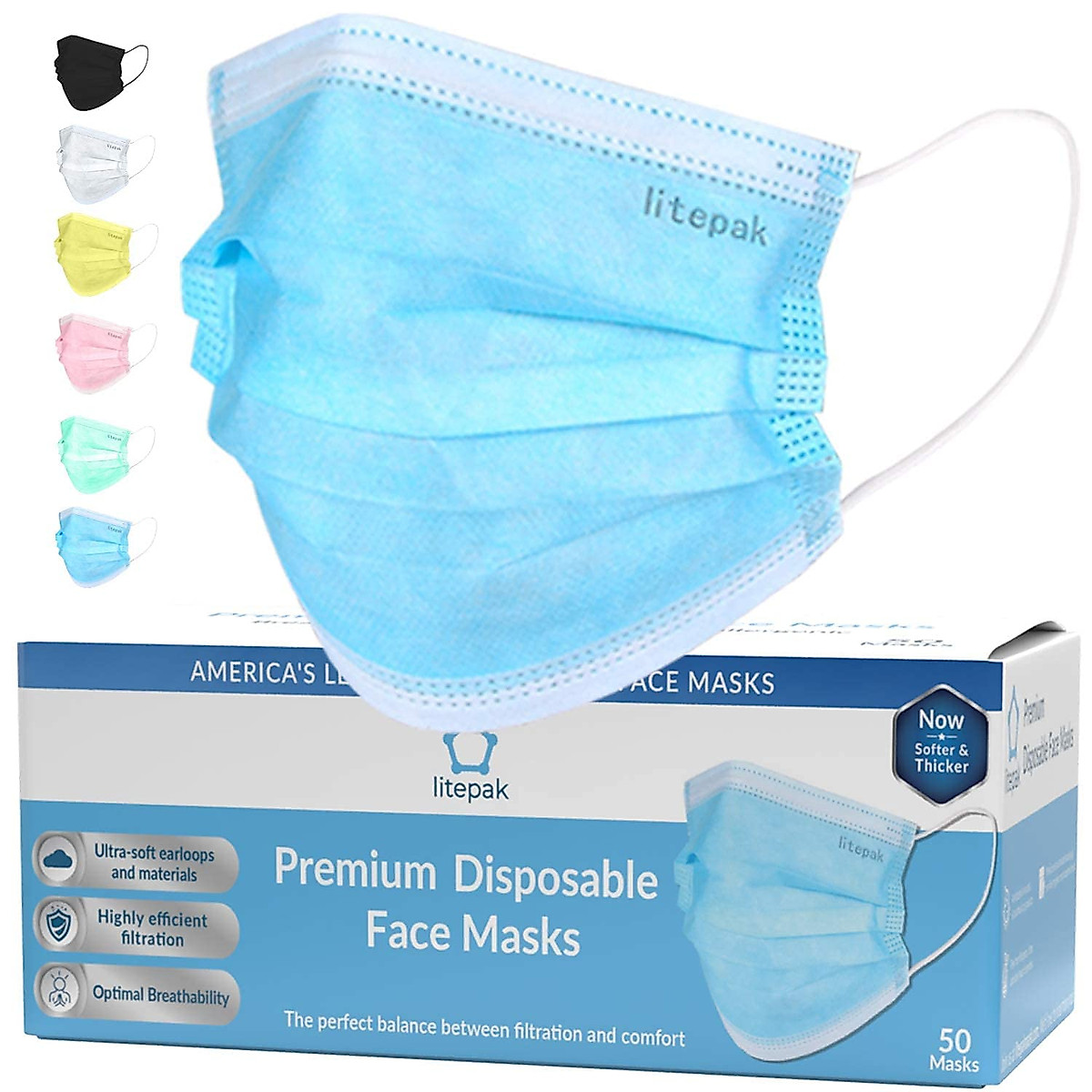 Litepak 2000pcs Premium Disposable Face Mask SOFT 3ply Nose Wire - Blue