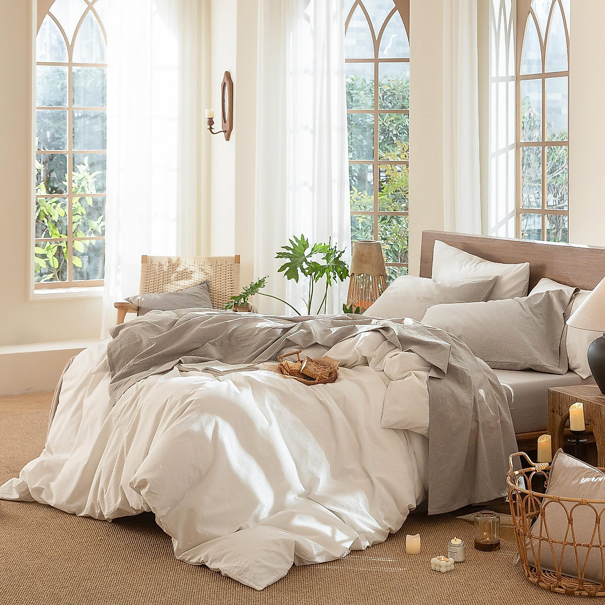 MooMee Bedding Sheet Set 100% Washed Cotton Linen Like Textured Breathable Durable Soft Comfy (Tannish Linen Grey, King)