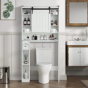 YOCONYO Over The Toilet Storage Cabinet, Farmhouse Over Toilet Cabinet Included Sliding Barn Door,Toilet Paper Holder Stand and Adjustable Bottom Bar, Freestanding Toilet Rack for Bathroom,White