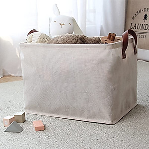 YOHOD 2pcs Cotton Linen Storage Baskets, Waterproof Collapsible Storage Bins, Fabric Closet Organizers with Leather Handle for Shelves Drawer for Closet Shelf Nursery Toy Underwear Clothes (17*12*11")