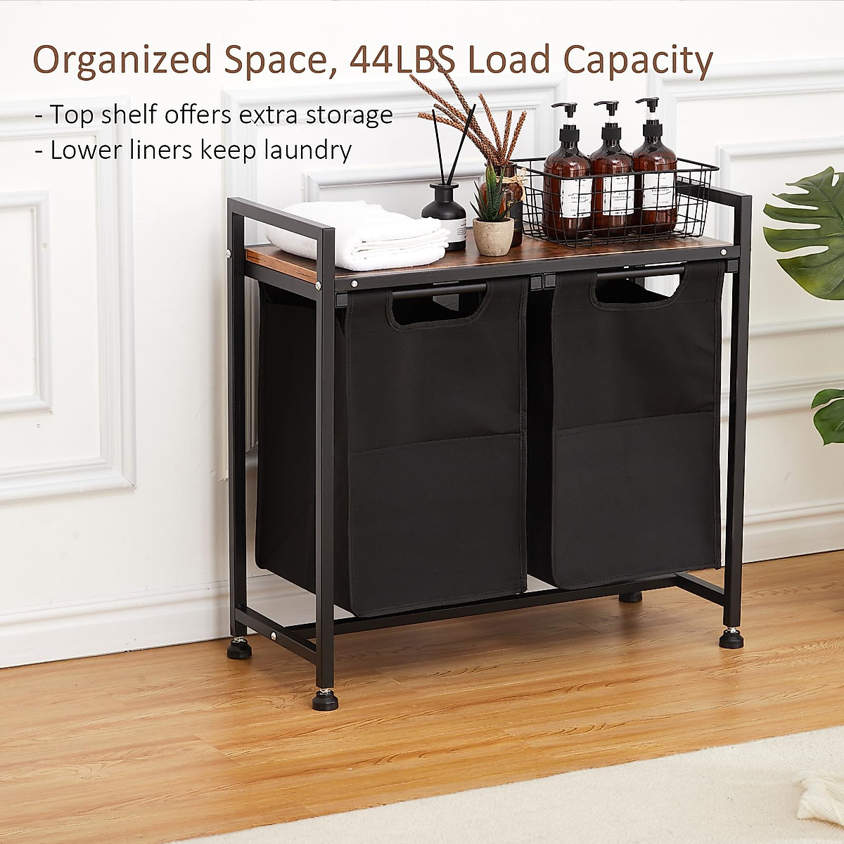 PioneerWorks Laundry Hamper, Laundry Basket Organizer Laundry Sorter with 2 Pull-Out and Removable Bags and Top Shelf, Dirty Clothes Hamper for Laundry Room Bathroom Bedroom and Dorm