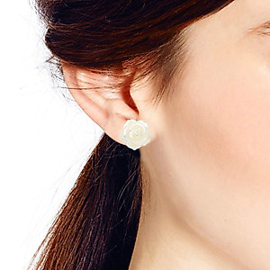Delicate Pure White Rose Carved from Mother of Pearl Stud Earrings