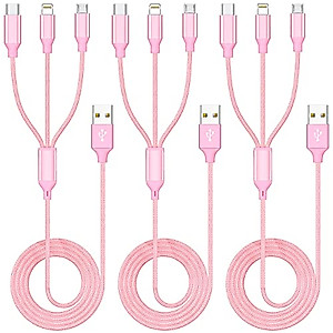 Multiple Charger Cable, 3Pack 4FT USB Charging Cable 3 in 1 Multi Phone Charger Rapid Cord with Type C/Micro/Lightning USB Connectors for Cell Phones and More(Pink)