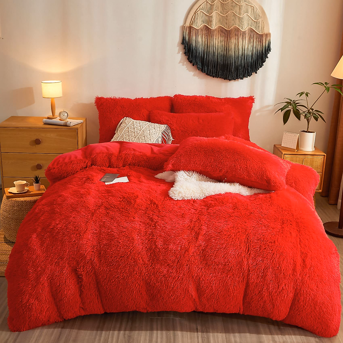 Shaggy Duvet Cover 5 Set, Fluffy Faux Fur Red Comforter Set Queen - Plush Ultra Soft Crystal Velvet Fluffy Red Bedding, Red Furry 5 Sets Pieces Queen Bed Set(Full/Queen, Red)