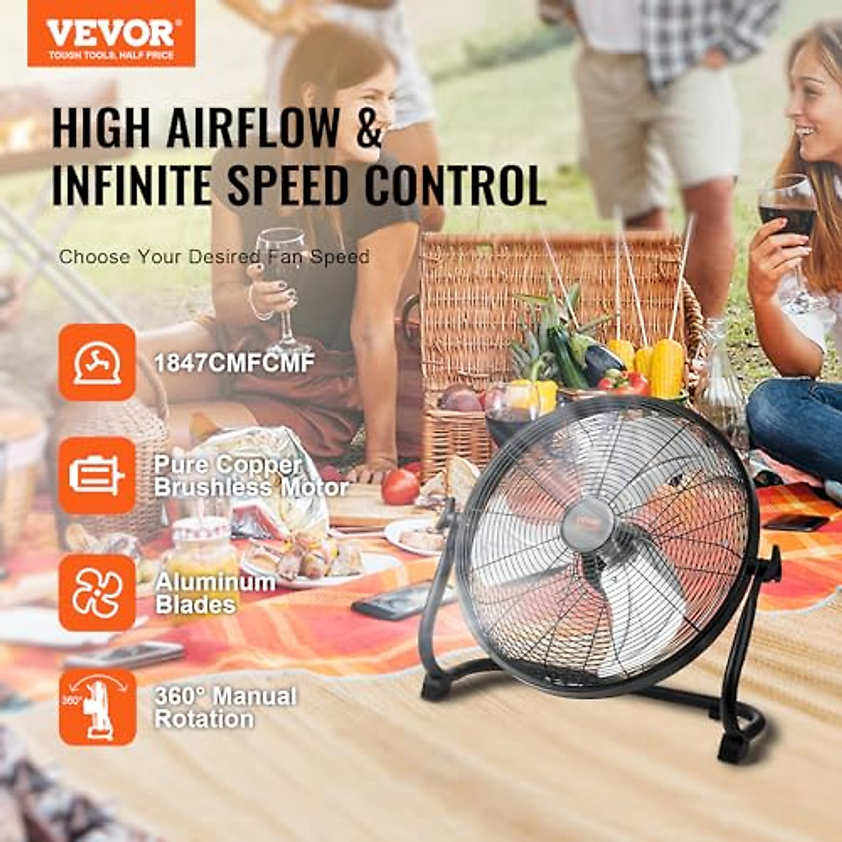 VEVOR 16'' Rechargeable Floor Fan, Portable Quiet Personal Fan for Home or Office, 360 Degree Manual Pivoting Head, Stepless Speed Regulation High Velocity, Heavy Duty Metal Industrial Cordless Fans
