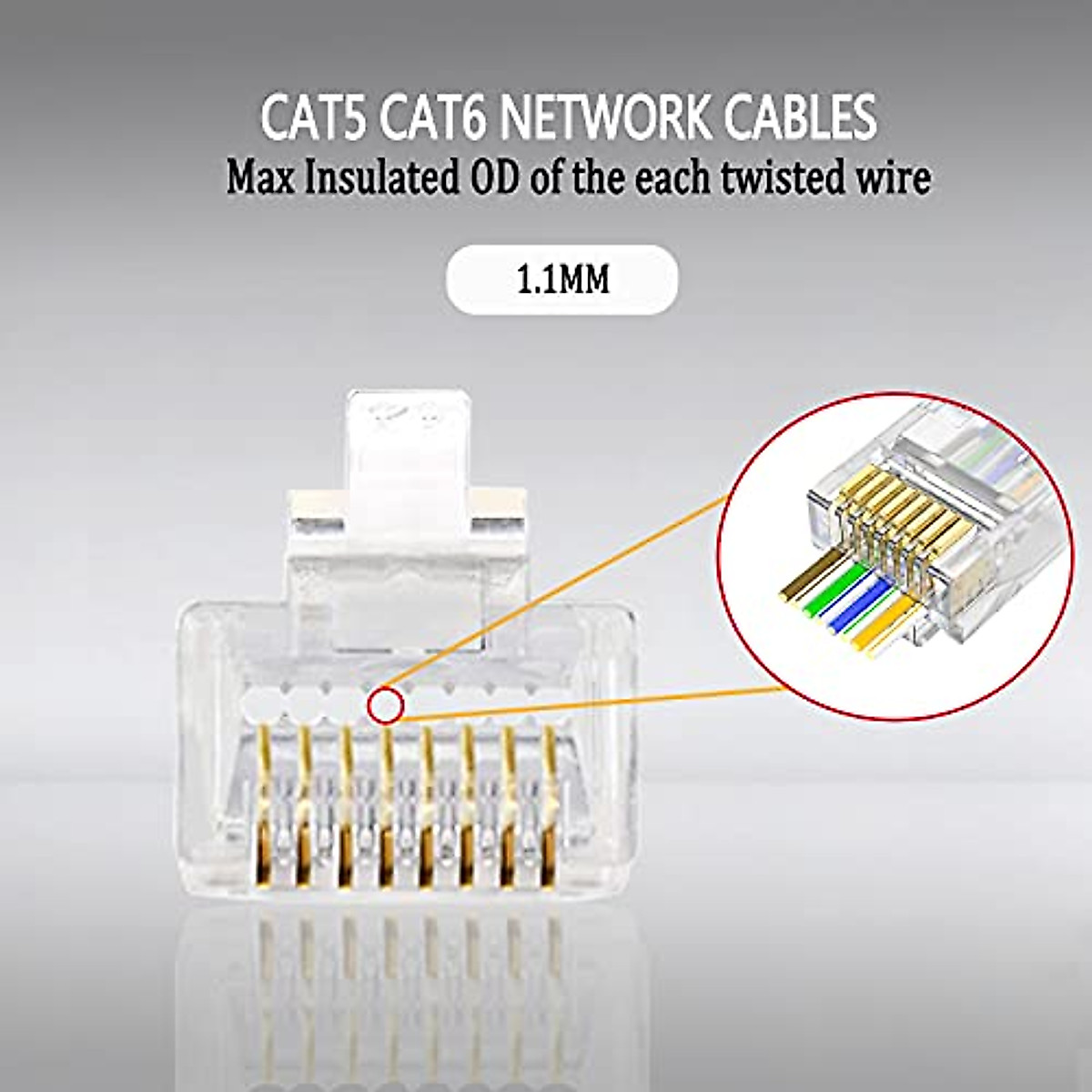 AOWIZ RJ45 Cat5 Cat6 Connector Pass Through RJ45 Ends for Solid Wire and Standard UTP Network Cables 100-Pack