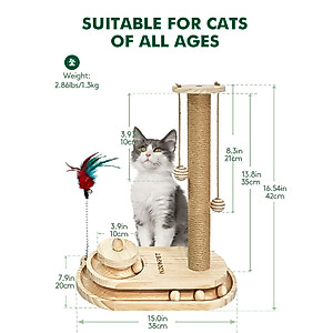 NZONPET Cat Scratching Post 16.54" Tall Scratch Post Premium Sisal Rope Scratch Posts for Kitten and Adult Cats All Natural Rope Wooden Ball Track Interactive Toy with Dangling Ball