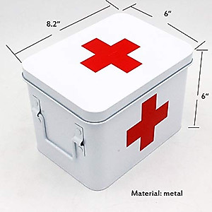Funly mee Vintage First aid Box for Home, Medicine Tin, Empty White Metal Medicine Storage Box (Medium-8.2 × 6 × 6 inches)