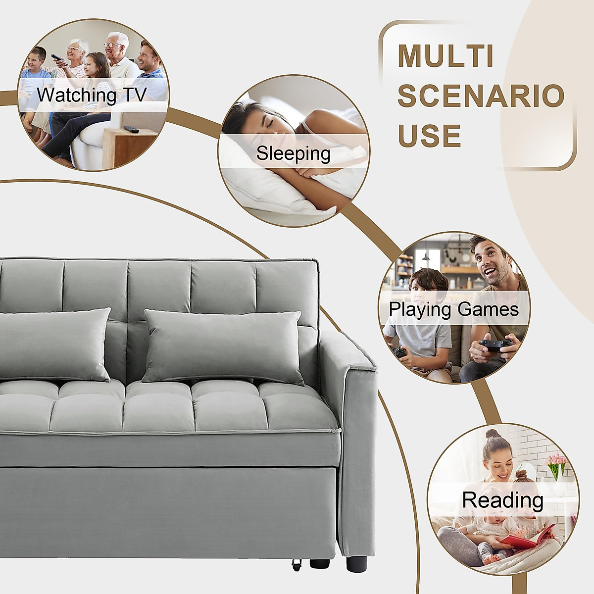 SumKea Convertible Sofa Couch 3-in-1 Multi-Functional Velvet Pull-Out Bed, 55'' Loveseat Chaise Lounge with Adjustable Backrest and Pillows, Grey