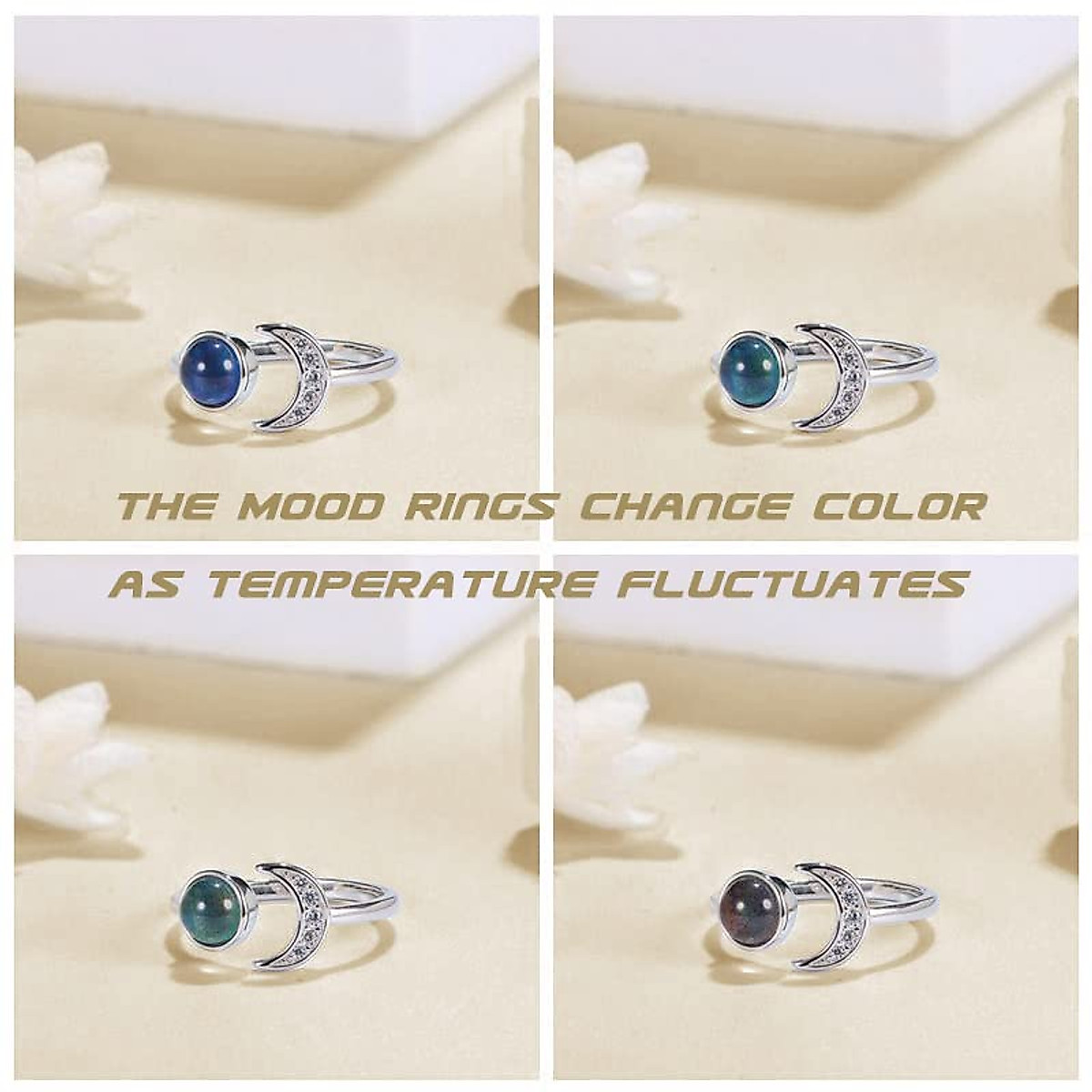 ADRAMATA 925 Sterling Silver Mood Ring Moon Star Open Adjustable Rings for Women 18K White Gold Plated Color Changing Rings Temperature-Control Star and Moon Rings Statement Jewelry, Round