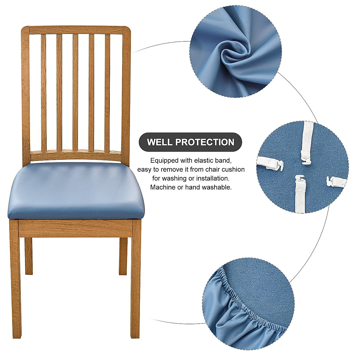 SearchI Waterproof PU Leather Seat Covers for Dining Chairs, 4 Pack Stretch Dining Room Chair Seat Covers, Kitchen Chair Seat Covers Protectors (Blue)