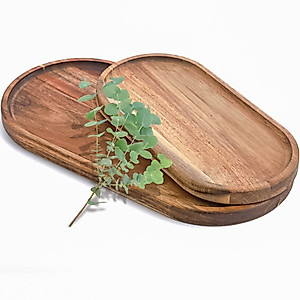 Elsjoy Set of 2 Acacia Wooden Serving Trays, Natural Wood Serving Platters Set with Lip, Oval Charcuterie Plates Board Rustic Long Bread Fruit Dishes for Kitchen Decor, 14"x7" and 11"x5.5"