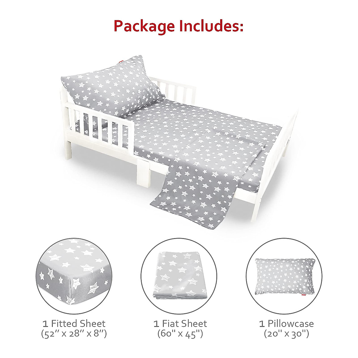 Moonsea Toddler Bed Sheets, 3 Piece Toddler Sheet Set, Soft Breathable Crib Bedding Set for Boys Includes a Flat Sheet, a Fitted Sheet, a Pillowcase, Grey Star