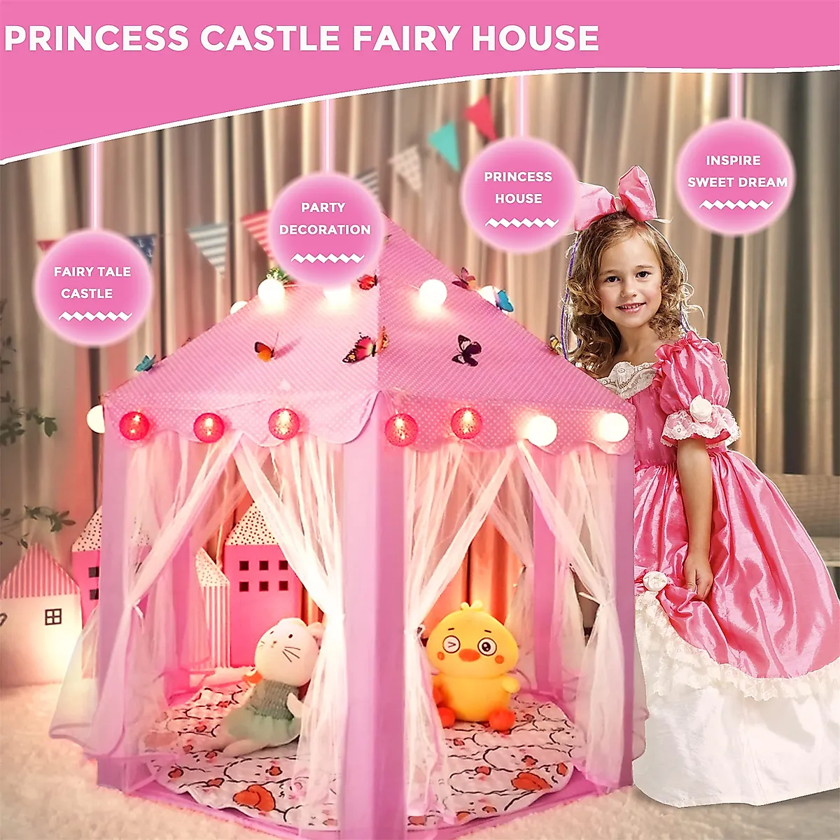 WillingHeart Princess Castle Play Tent for Girls Kids Pink Large Indoor Outdoor Dress Up Pretend Fort Playhouse Children Toddler Fairy Playroom Child Game Party Dream House Camping to Birthday Gift