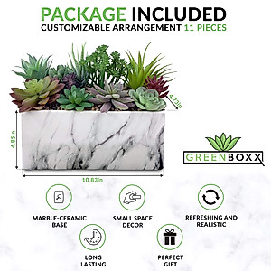 GreenBoxx Ceramic-Marble Artificial Succulent Planter Set - 11 Piece Flora Faux Potted Succulent Arrangement for Modern Home, Kitchen, Table, Wall Hanging, and Wedding Decor