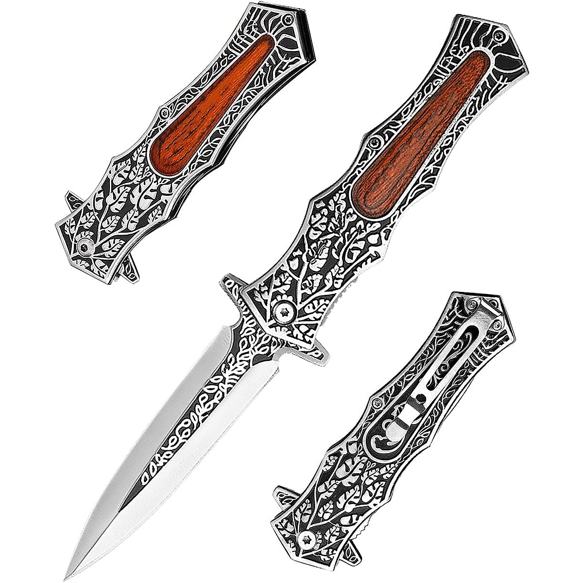 SELUCREH Folding Knife Stainless Steel Blade with 3D Retro Embossed Pattern, Pocket Clip for Men,Sharp Camping Survival Hiking Knives (Sword Type)