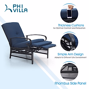 PHI VILLA Adjustable Patio Recliner Chair Metal Outdoor Lounge Chair with Removable Cushions Support 300lbs, Navy