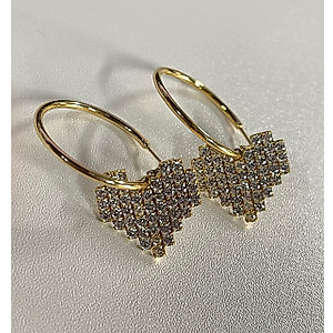 925 Sterling Silver Post Dangle Hoop Earrings for Women 14K Gold Plated Drop Hoops Pave Cubic Zirconia Big Heart-shaped Earrings for Women