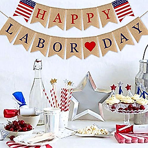 SWYOUN Burlap Happy Labor Day Banner Mantel Fireplace Supplies Bunting Garland Decoration