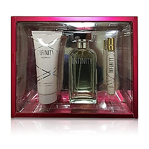 Infinity Perfume for Women 3 Piece Gift Set, 3.4 oz EDP Parfum, .05 oz Travel Perfume, 3.4 oz Moisturizing Lotion, With A NovoGlow Luxurious Suede Pouch