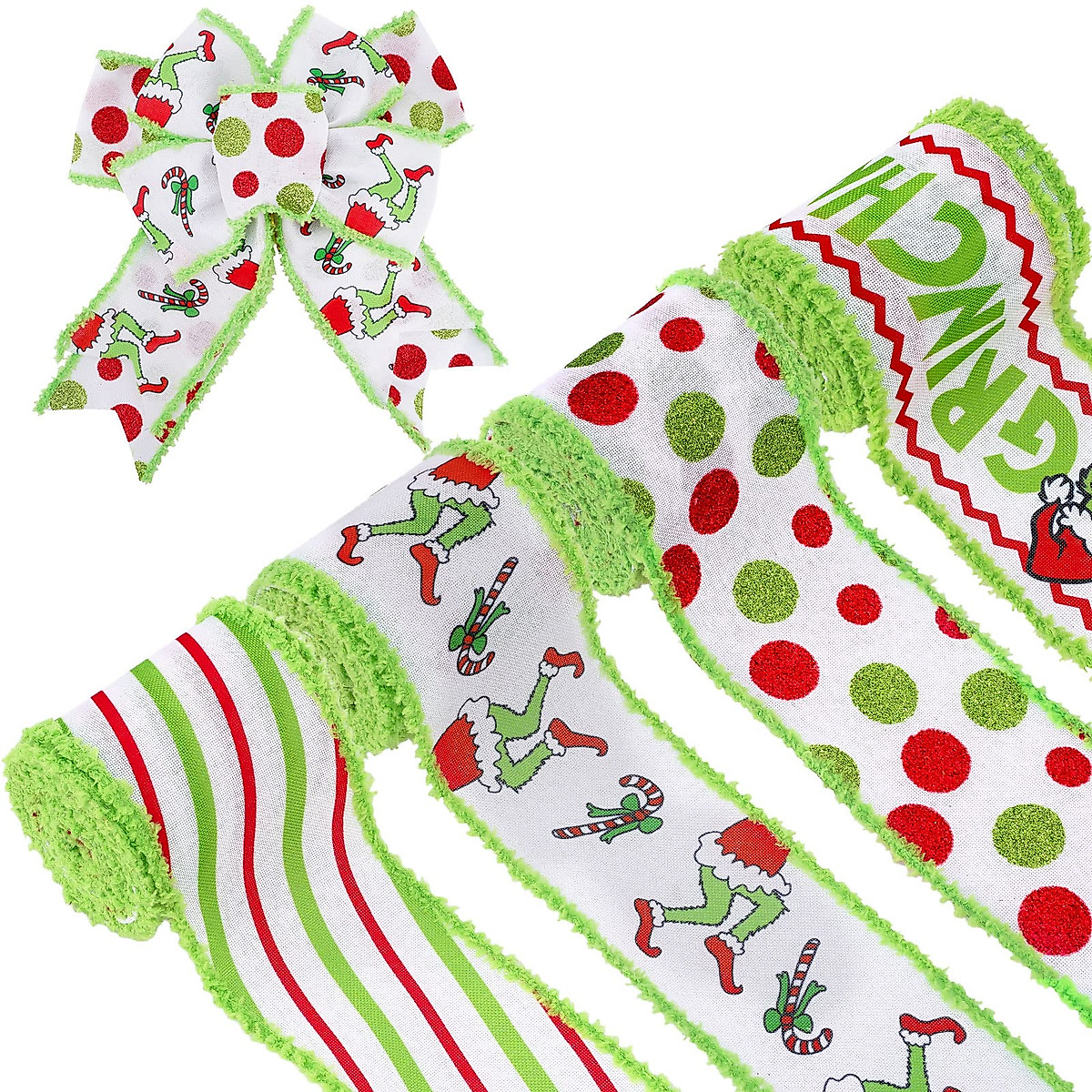 AnyDesign Christmas Wired Edge Ribbon Rolls 2.5 Inch 24 Yards Christmas Craft Fabric Ribbon Cartoon Character Stripe Dot Gift Wrapping Ribbon for Xmas Tree Wreath Bow DIY Craft Decoration, 4 Rolls