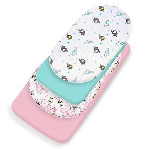 bimocosy Bassinet Sheet, 4 Pack Bassinet Sheets for Baby Girls Boys, Soft Baby Bassinet Fitted Sheets Neutral for Standard Bassinet Mattress, Size 32 x 16 x 4 Inches, Floral/Elephant/Pink/Green