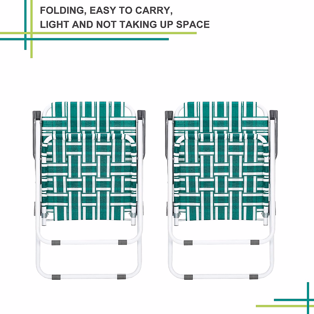 Noyy Webbed Folding Beach Chairs, Set of 2 Portable Lightweight IndoorOutdoor Dining Chairs wStable Steel Frame for Patio, Garden, Bay, Yard, Lawn - Light Green Strip, 55.88 x 55.88 x 95 cm