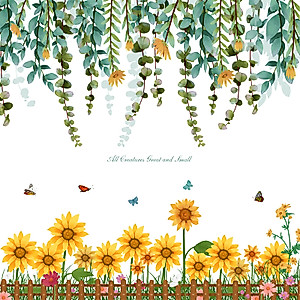 Tropical Plants Sunflower Vine Wall Corner Stickers, AUHOKY Removable Green Fresh Leaves Flower Wallpaper Decals, Garden DIY Art Mural for Nursery Bedroom Kitchen Offices Home Decorations (B)