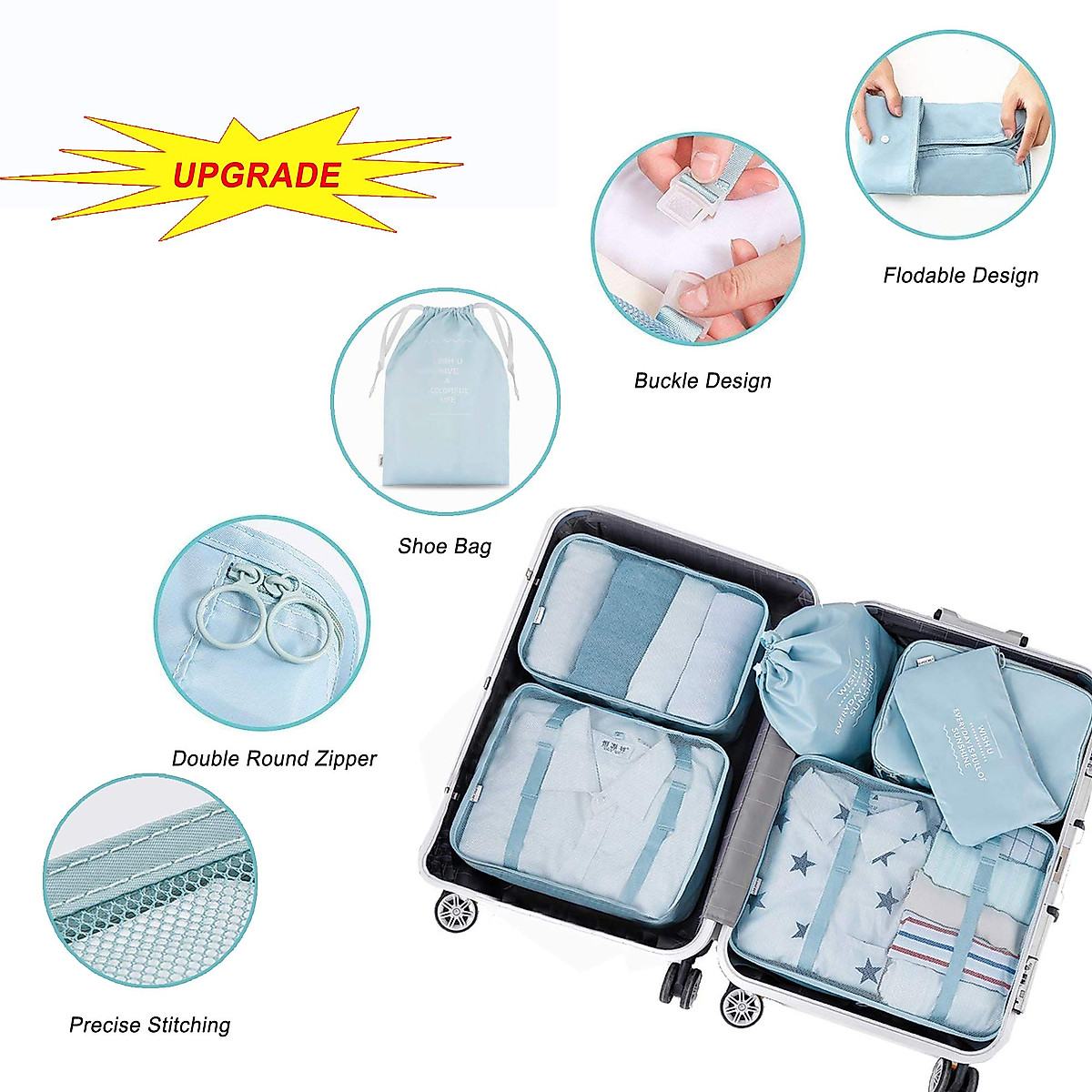 Lightweight 6 Pcs Packing Cubes System, Travel Storage Packing Organizers Laundry Bags Compression Pouches for Luggage (Upgraded Blue)