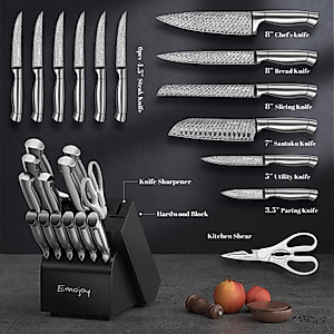 Knife Set,Emojoy 15 Pieces Kitchen Knife Set with block, Knife Block Set with Built-in Sharpener,High Carbon Stainless Steel Sharp Chef Knife Set with Hollow Handle
