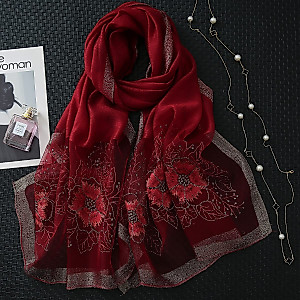 WINCESS YU Women Mulberry Silk Scarf Long & Large Embroidered Floral Pattern Shawl and Wraps Neckerchief for Hair & Neck (Sunflower Wine Red)