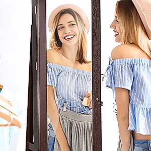 Titan Mall 360° Rotating Jewelry Cabinet Standing Jewelry Armoire with Full Length Mirror,Revolving Makeup Jewelry Holder Organizer Full Body Mirror,Large Stand Up Jewelry Box,Women Girl Gift,Brown