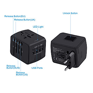 International Travel Adapter Universal Power Adapter Worldwide All in One 4 USB with Electrical Plug Perfect for European US, EU, UK, AU 160 Countries (Black)