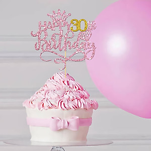 Happy 30th Birthday Cake Topper for Women, Pink & Gold Glitter 30th Birthday Cake Supplies, 30th Anniversary Party Cake Decorations