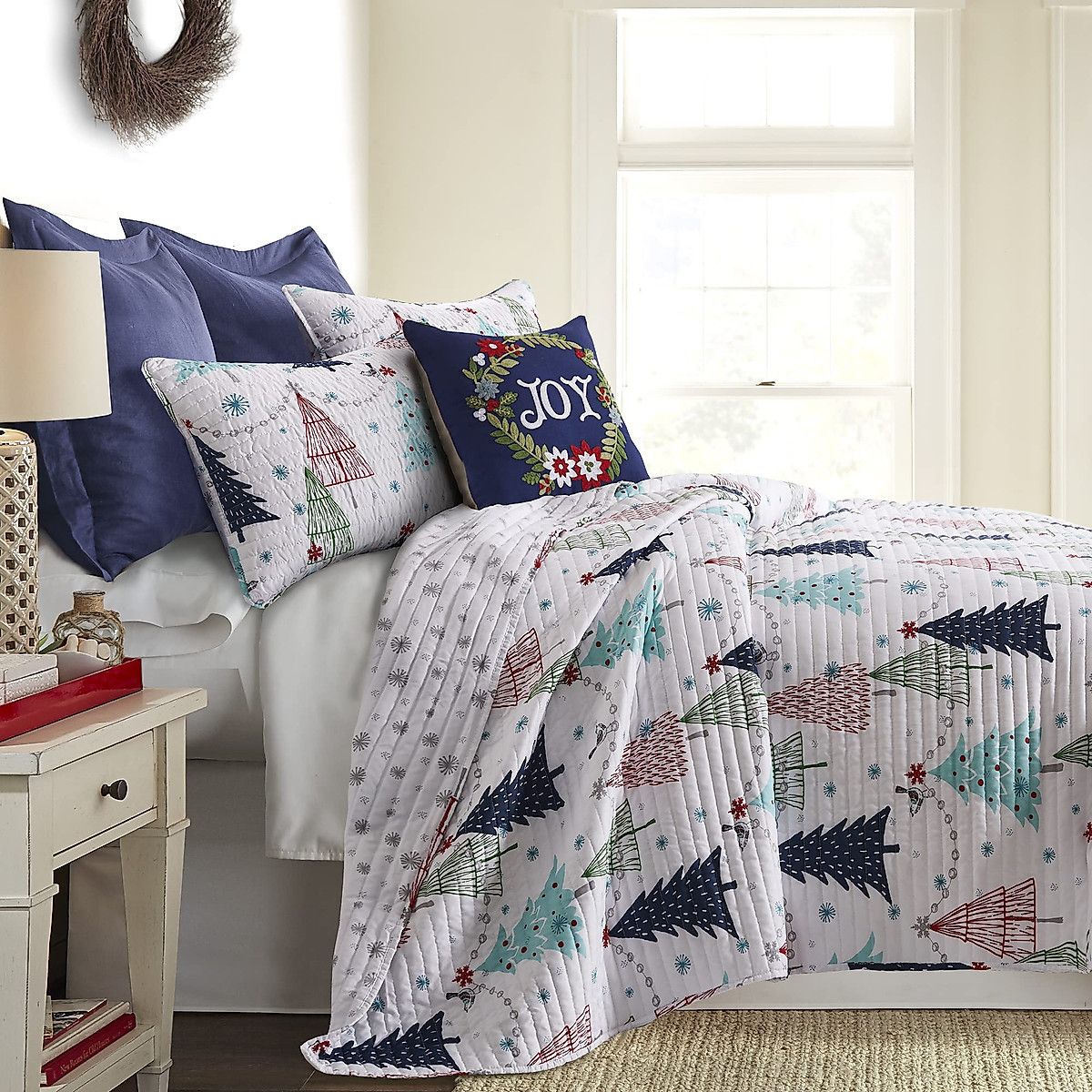 Levtex Home Merry & Bright Collecion - White Pine Quilt Set - Full/Queen Holiday Quilt 88x92 and Two Standard Shams 20x26 - Christmas Tree - Blue, Red, Green and White - Reversible - Polyester