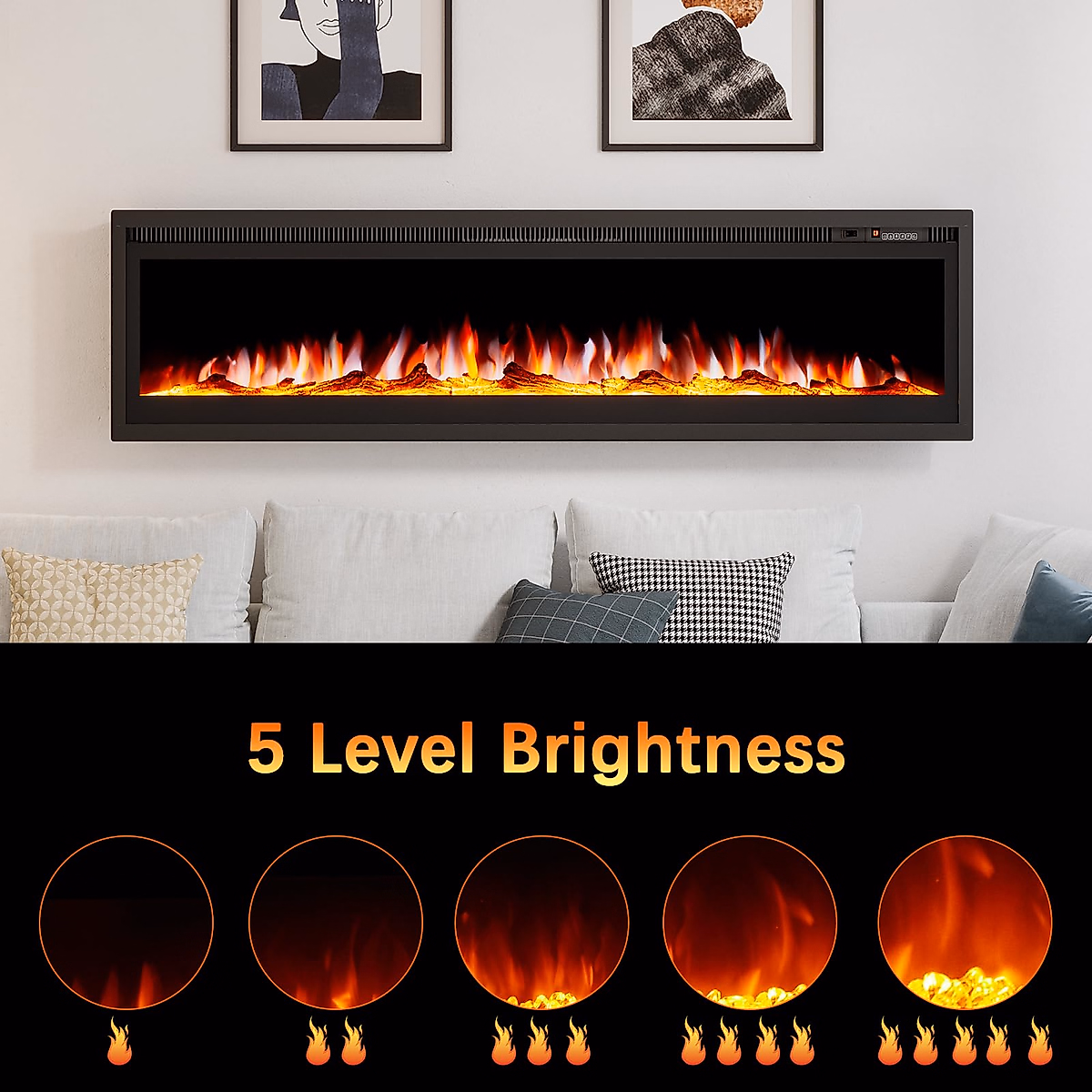 AMERLIFE 60" Electric Fireplace Inserts Recessed and Wall Mounted with Remote Control, Fireplace Heaters for Indoor Use with Timer, 12 Adjustable Flame Colors and Brightness, Log & Crystal, Black