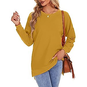Custer's Night Women's Long Sleeve Sweatshirts Side Split Loose Casual Pullover Tunic Tops (Yellow, L)