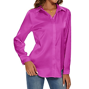 Women's Silk Blouse Long Sleeve Lady Shirt Casual Office Work Blouse Button-Down Shirts Tops(Hot Pink,M)