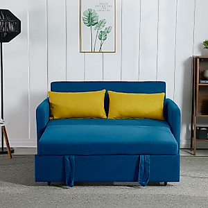Bellemave Pull Out Sofa Bed Convertible Loveseat Sleeper Sofa with USB Charging Port & Arm Pocket, Modern Adjustable Sofa Bed with 2 Pillows, for Living Room, Apartment, Blue Yellow