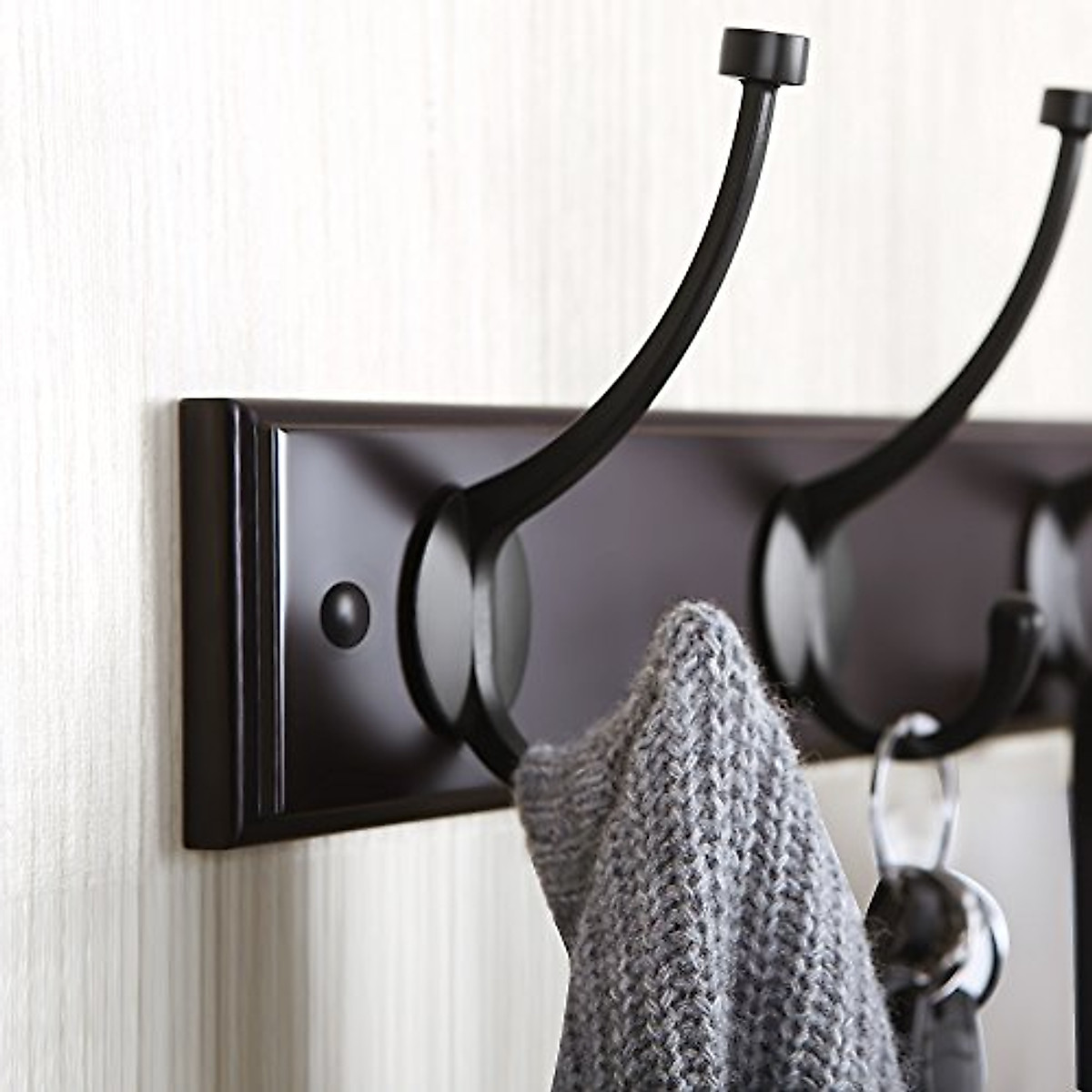 SONGMICS Wooden Wall Mounted Coat Rack 16 Inch Rail with 4 Metal Hooks for Entryway Bathroom Closet Room Dark Brown