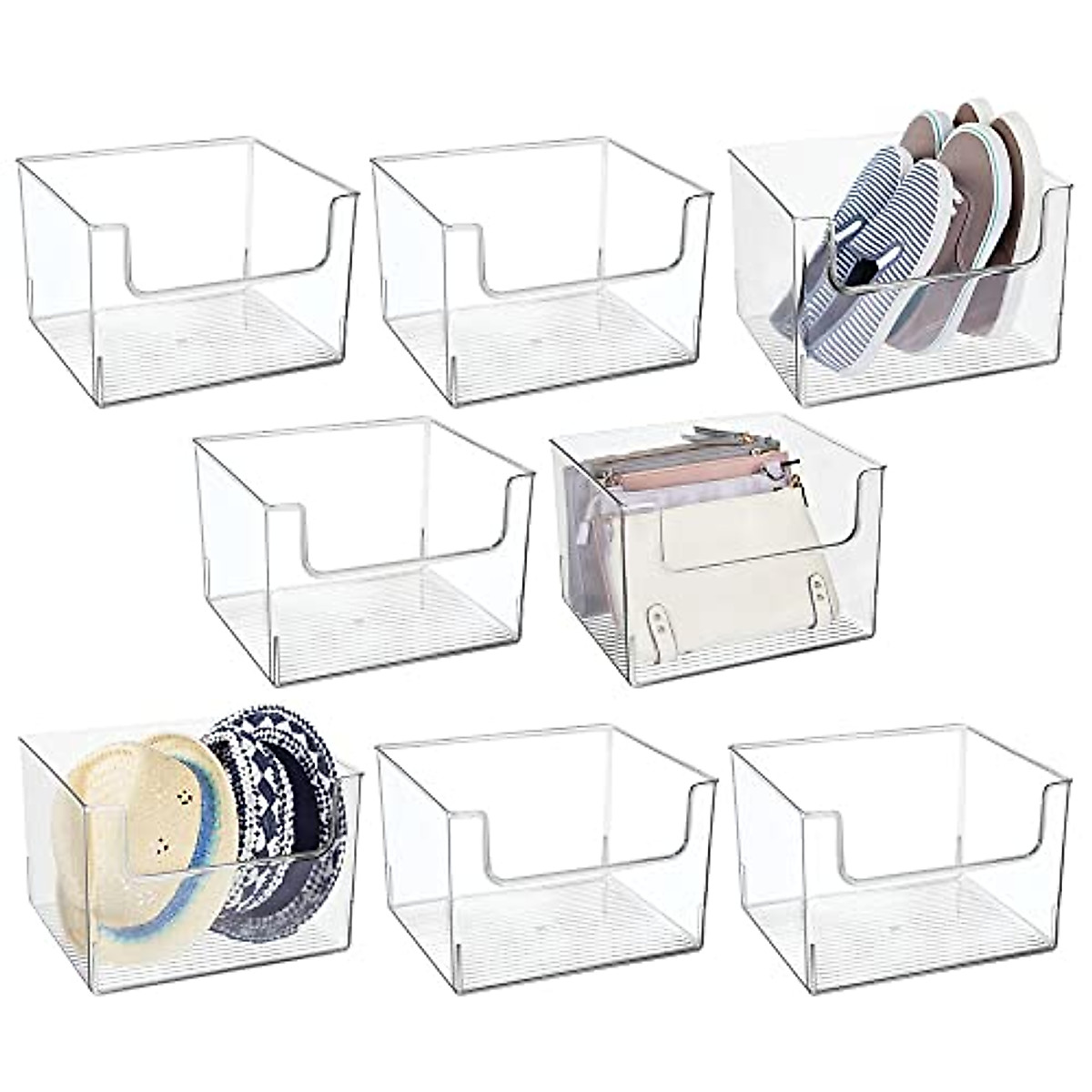 mDesign Modern Plastic Open Front Dip Storage Organizer Bin Basket for Closet Organization - Shelf, Cubby, Cabinet, and Cupboard Organizing Decor - Ligne Collection - 8 Pack - Clear