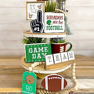 Satiable Football Party Decorations, 4 Pcs Football Tiered Tray Decor, Saturday are for Football Wooden Signs Game Day Wood Block Farmhouse Rustic Tiered Tray Items for Home Kitchen Table Bookshelf
