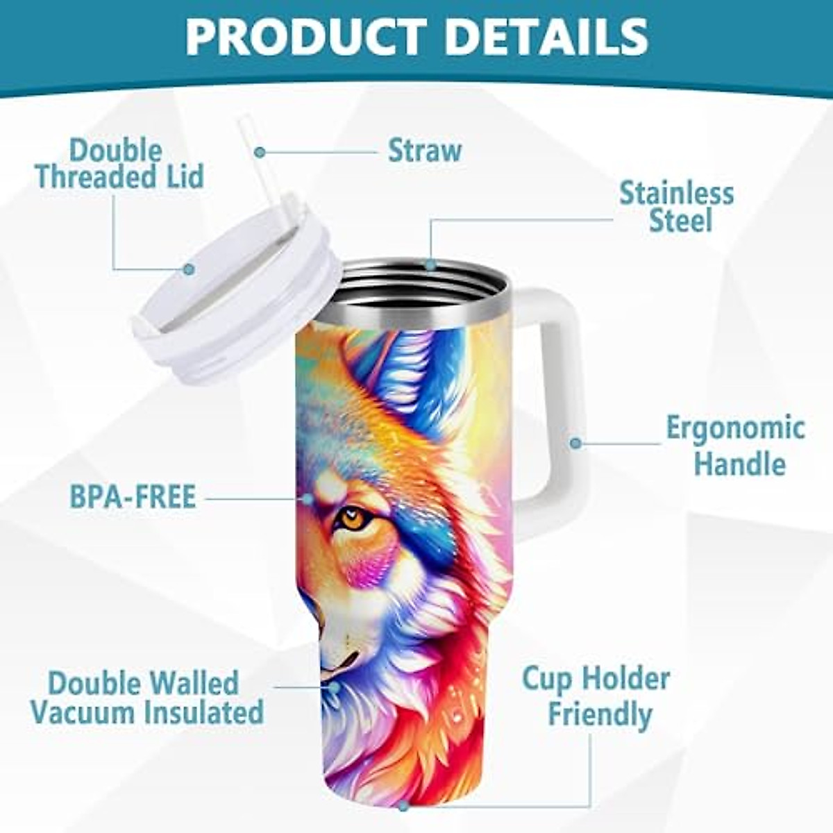 ODAWA 40oz Colorful Wolf Water Tumbler with Handle and Straw, 2 in 1 Lid Vacuum Insulated Tumbler