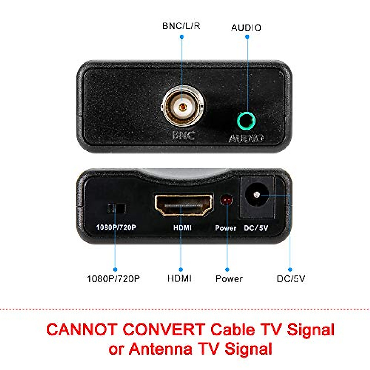 CVBS BNC to HDMI Converter, Composite BNC and Audio Input to HDMI Output Adapter with 720P/1080P Switch, Transfer Analog Video Signal from CCTV Security Camera to HD Monitor Projector Computer