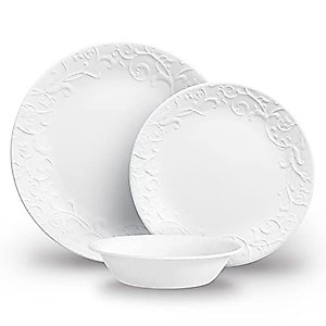 Corelle Dinnerware Set (12pc Set, Bella Faenza)-Dinner Set for 4, Includes 4 x: Plates, Side Plates & Bowls, 3 X More Durable, Half The Space & Weight of Ceramic, up to 80% Recycled Glass (1146912)