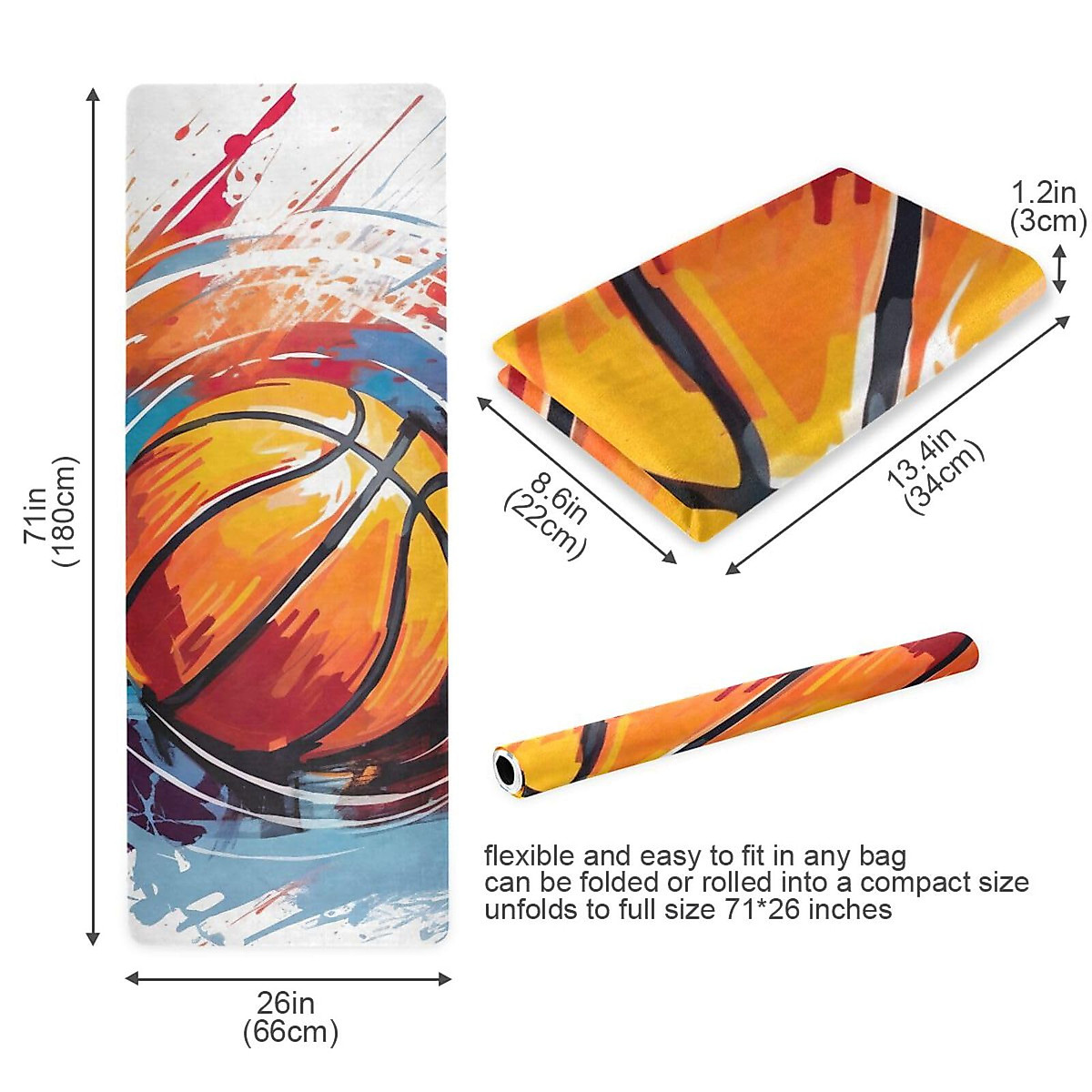 GOODOLD Basketball Yoga Mat, 71 x 26 Inch Non-slip Yoga Mats Folding Travel Exercise Mat Indoor Outdoor Gym Pilates with Storage Bag for Women Men