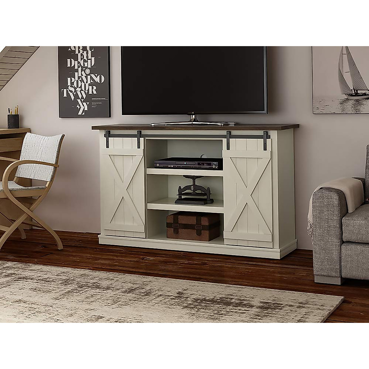 Pamari Wrangler Sliding Barn Door TV Stand, Off-White