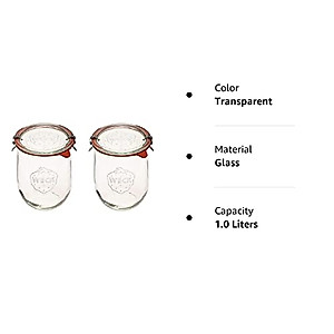 Weck Tulip Jars 1 Liter - Large Sour Dough Starter Jars with Wide Mouth - Suitable for Canning and Storage - 2 with Glass Lids