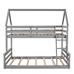 Low Bunk Bed Twin Over Full House Bunk Bed with Built-in Ladder, Wooden Bunk Bed Frame for Kids Girls Boys - Gray
