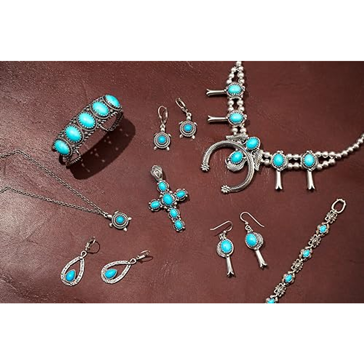 American West Jewelry Sterling Silver Women’s Drop & Dangle Earrings Leaf and Squash Blossom Design Blue/Green Turquoise Gemstone